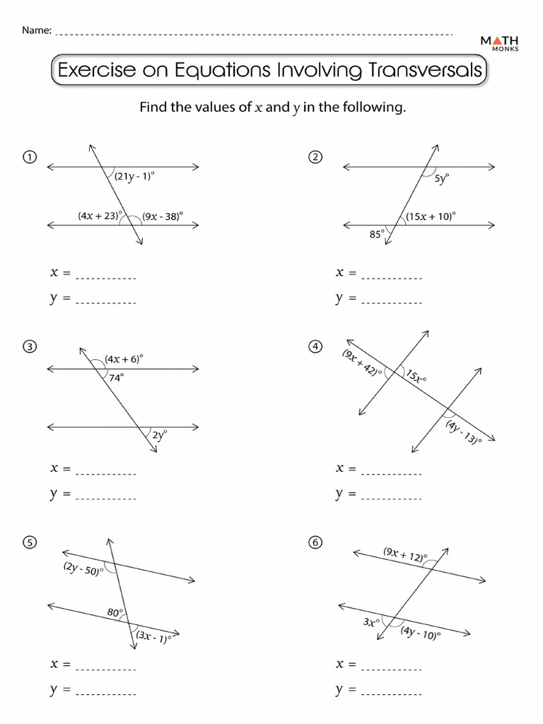 Equations and Transversals Worksheet | PDF