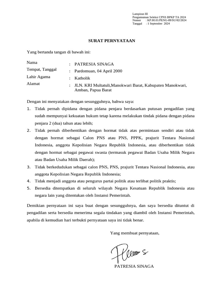 Lampiran III Surat Pernyataan BPKPK_PATRESIA SINAGA | PDF