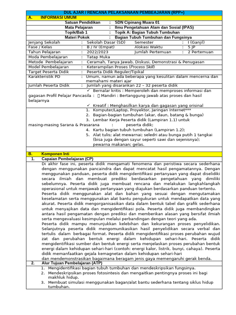 RPP Merdeka Belajar Kelas 4 | PDF