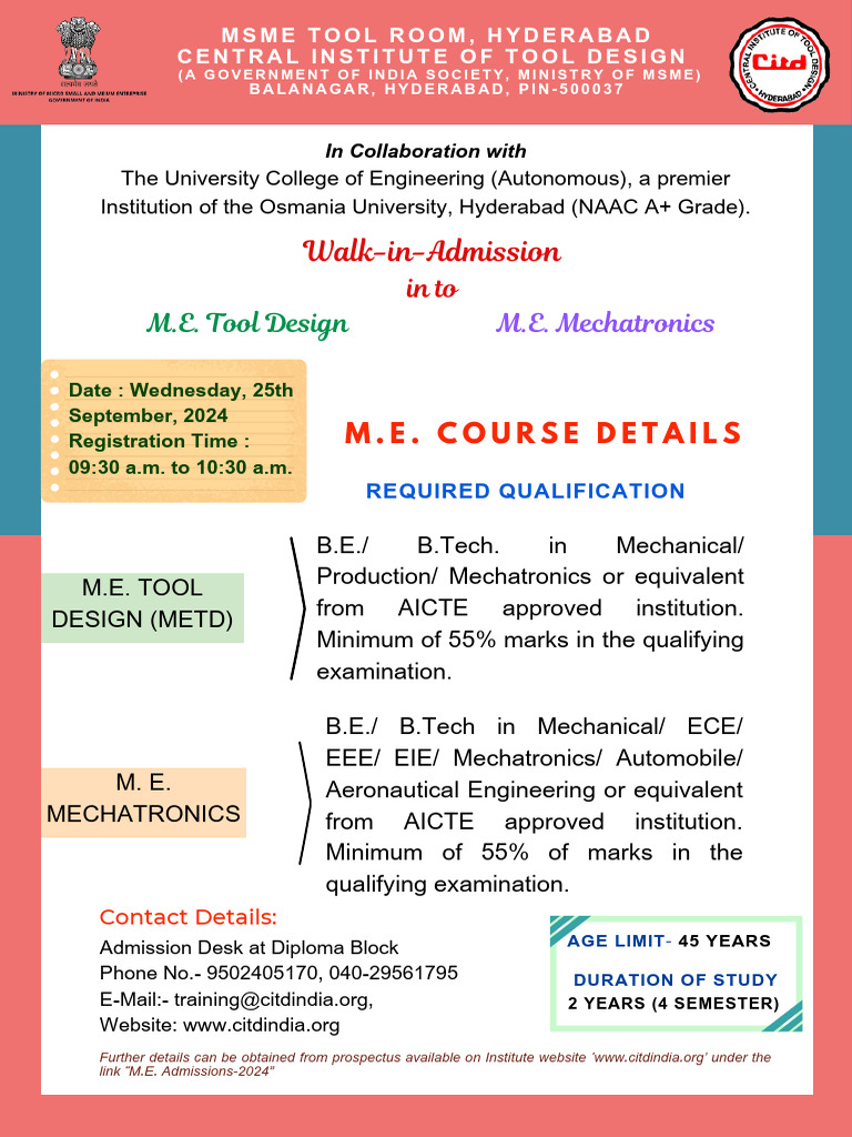 Walk-in-Admission-into-M.E.-Tool-Design-and-M.E.-Mechatronics-2024 | PDF