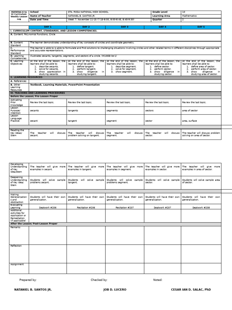 JHS Matatag Lesson Exemplar Mathematics10 2week7 | PDF | Tangent | Teachers
