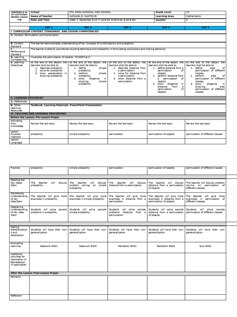 JHS Matatag Lesson Exemplar Mathematics10 3week1 | PDF | Teachers ...