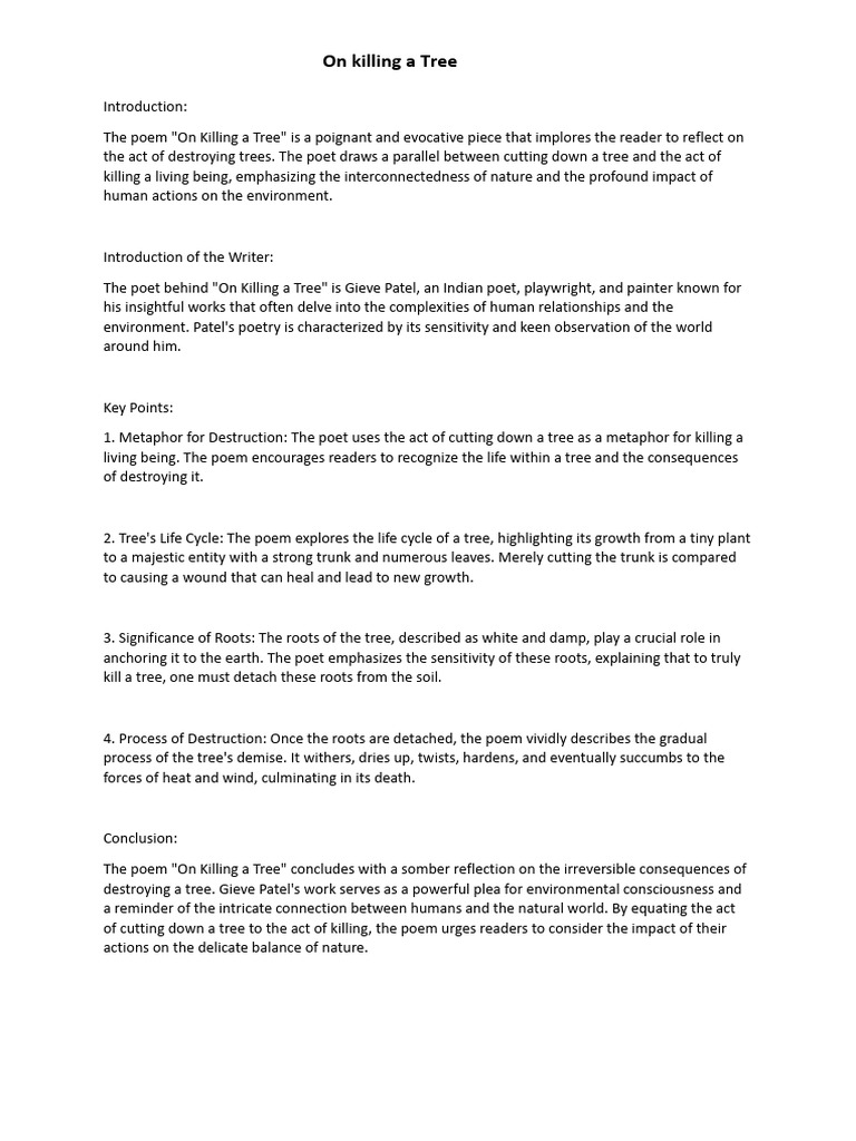 Gieve Patel's "On Killing a Tree" Analysis | PDF