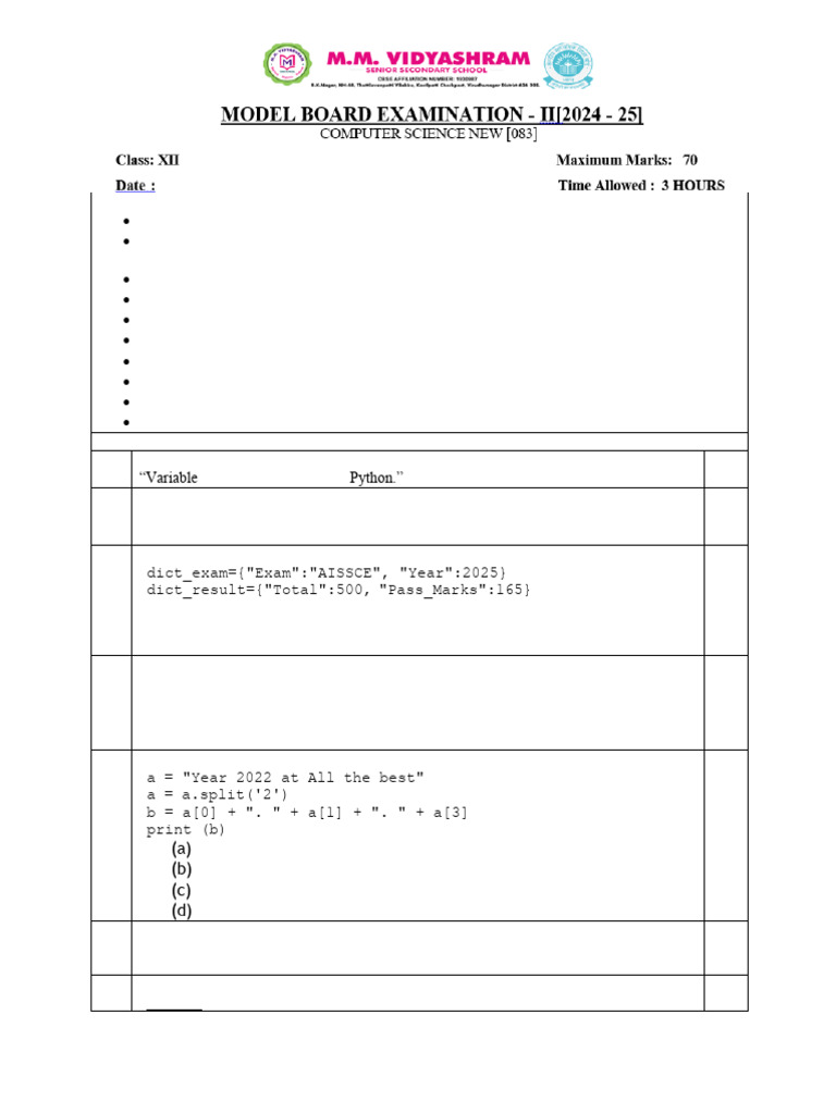 Class 12 Computer Science Pre-Board Exam 2024-25 | PDF | Scope (Computer Science) | Parameter ...