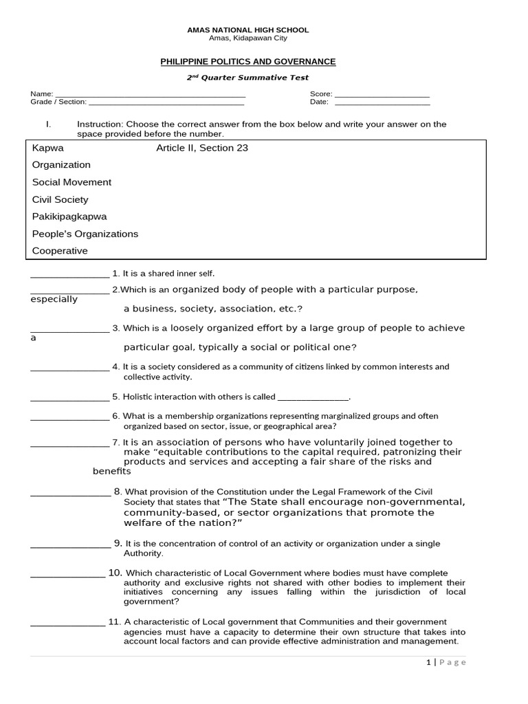 PPG-2nd summative - 2nd qaurter | PDF | Government | Governance