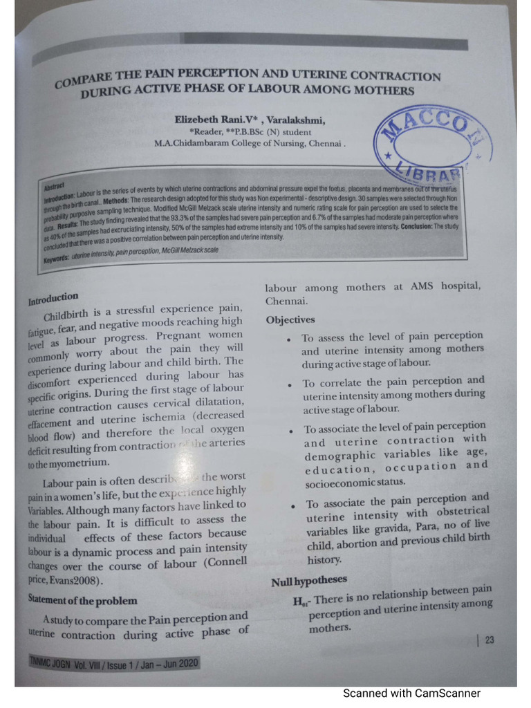 TNNMC Compare Pain Perception & Uterine Contraction | PDF