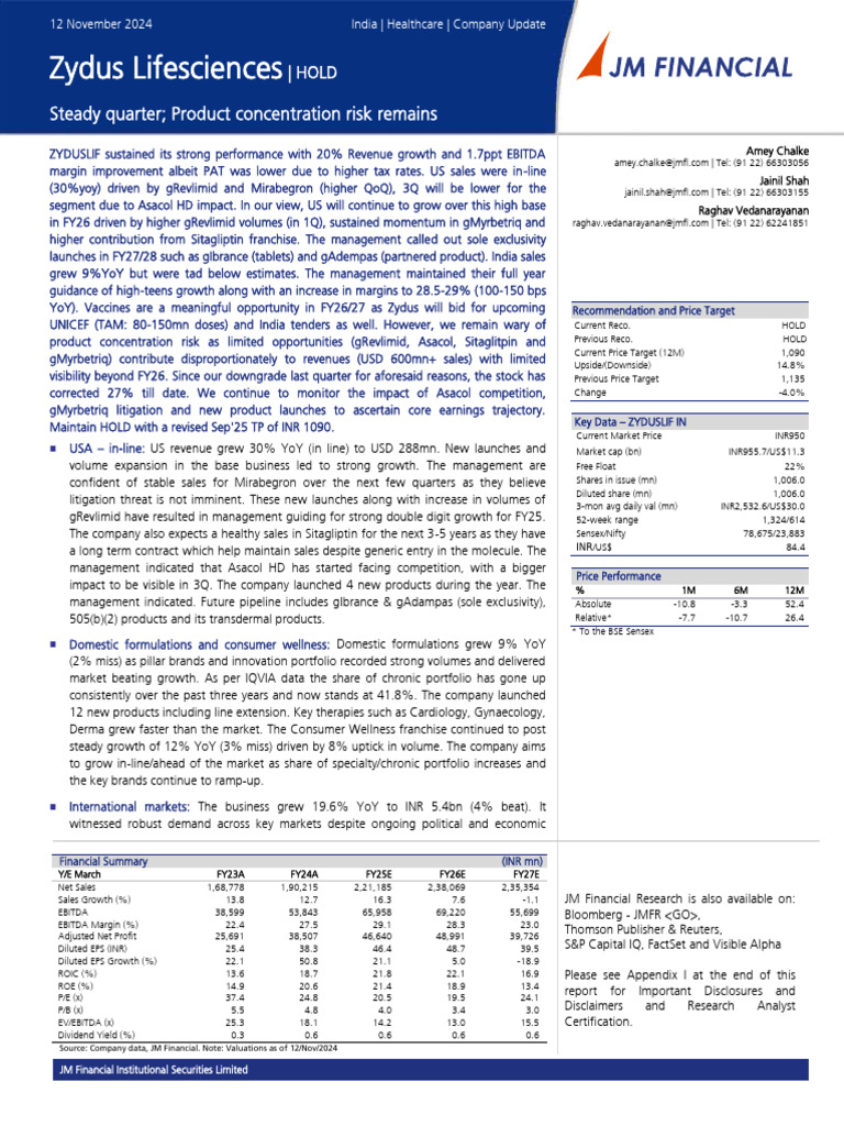 Zydus Lifesciences Q2 FY25 Update: HOLD | PDF | Securities (Finance ...