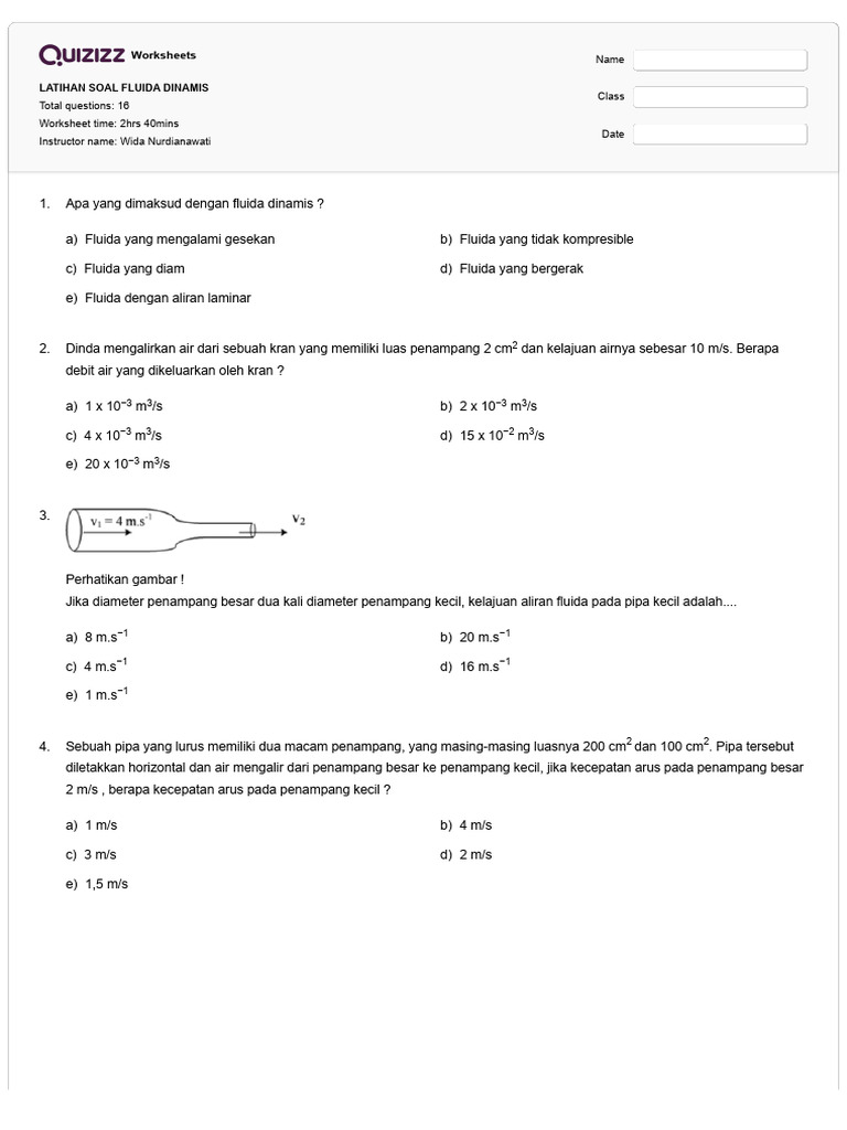 LATIHAN SOAL FLUIDA DINAMIS - Quizizz | PDF