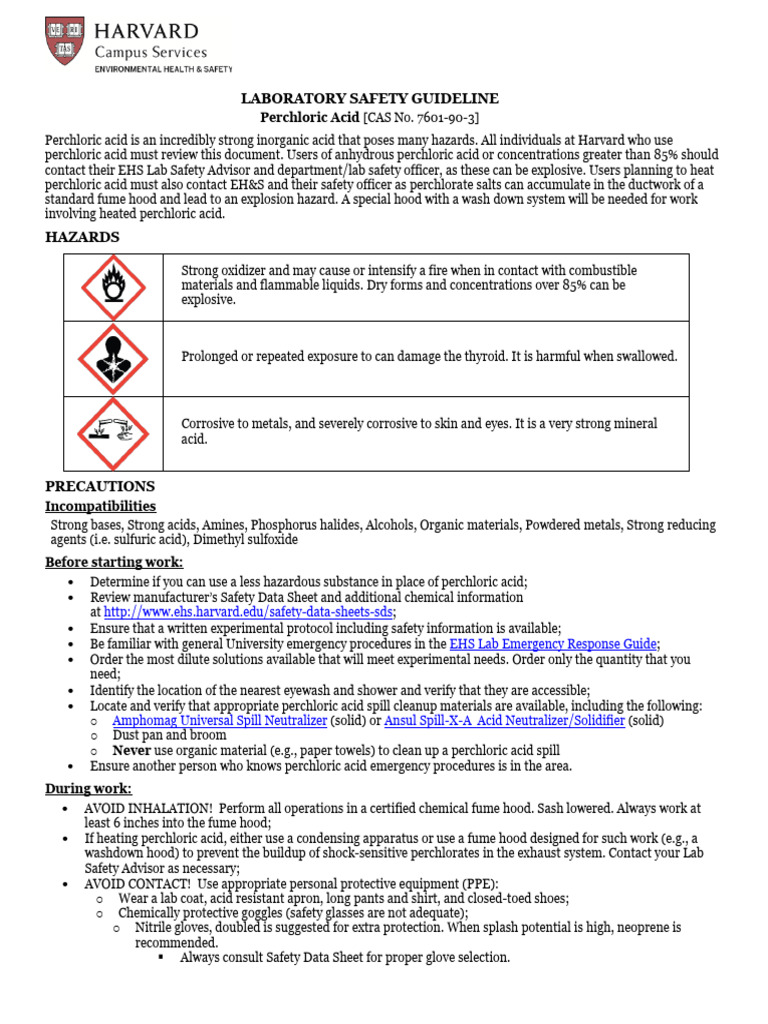 Laboratory Safety Guideline - Perchloric Acid | PDF | Chemical ...
