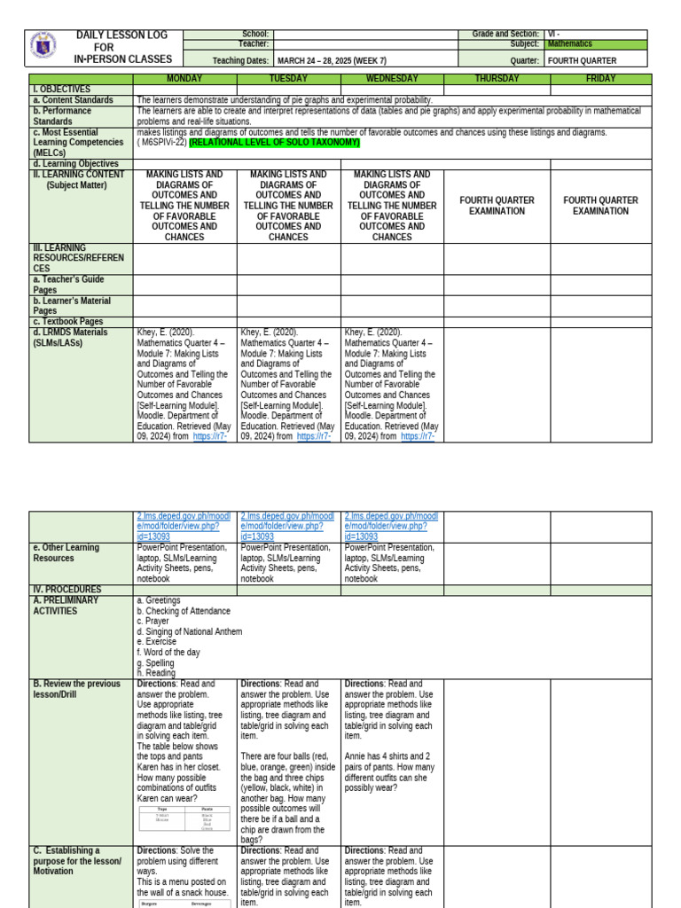 G6 Q4W7 DLL MATH (MELCs) | PDF | Learning | Probability