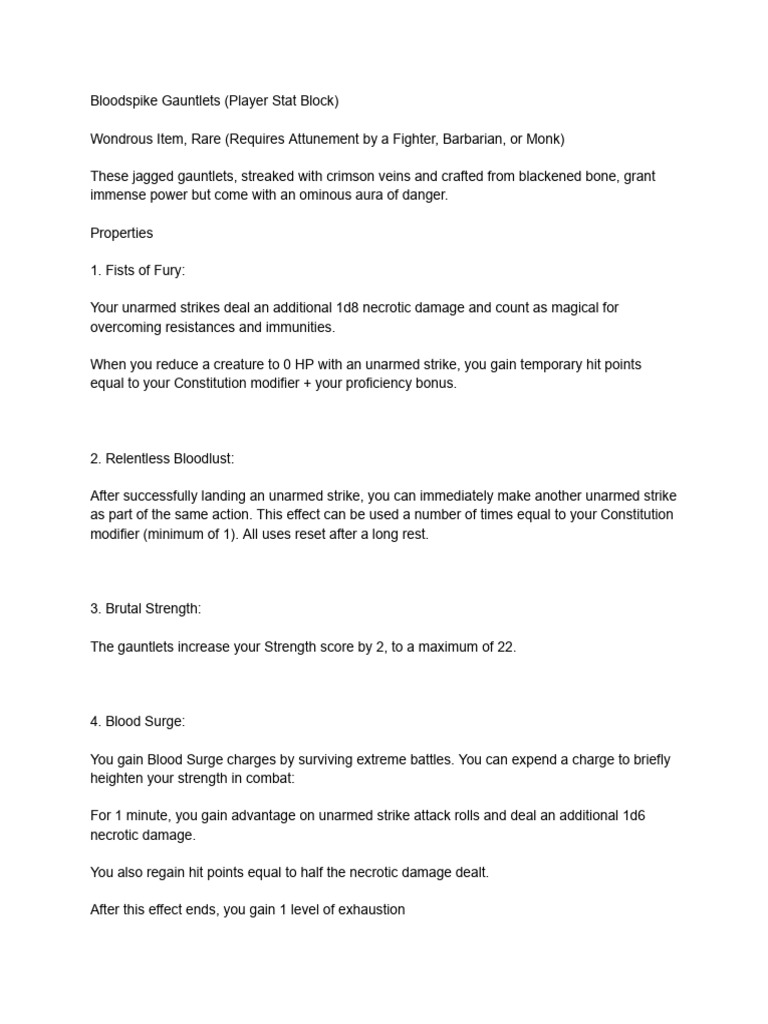 Bloodspike Gauntlets (Player Stat Block) - 1 | PDF