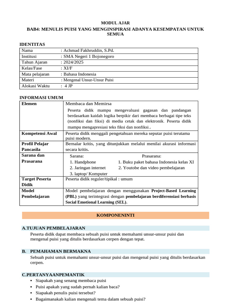 BINA Bab 4 Modul Ajar Puisi Elemen Membaca Dan Menulis | PDF