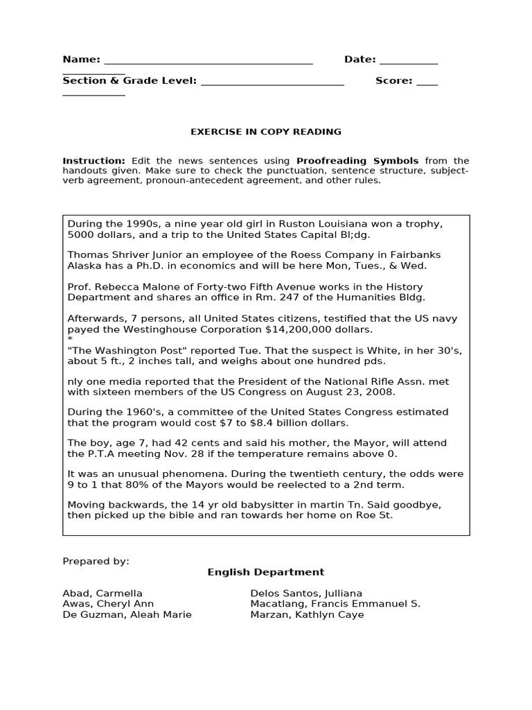 Copy Reading Exercise Instructions | PDF