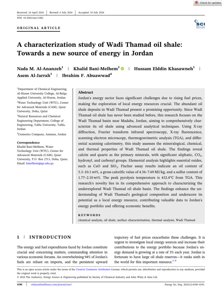 Energy Science Engineering - 2024 - Al Ananzeh - A Characterization ...