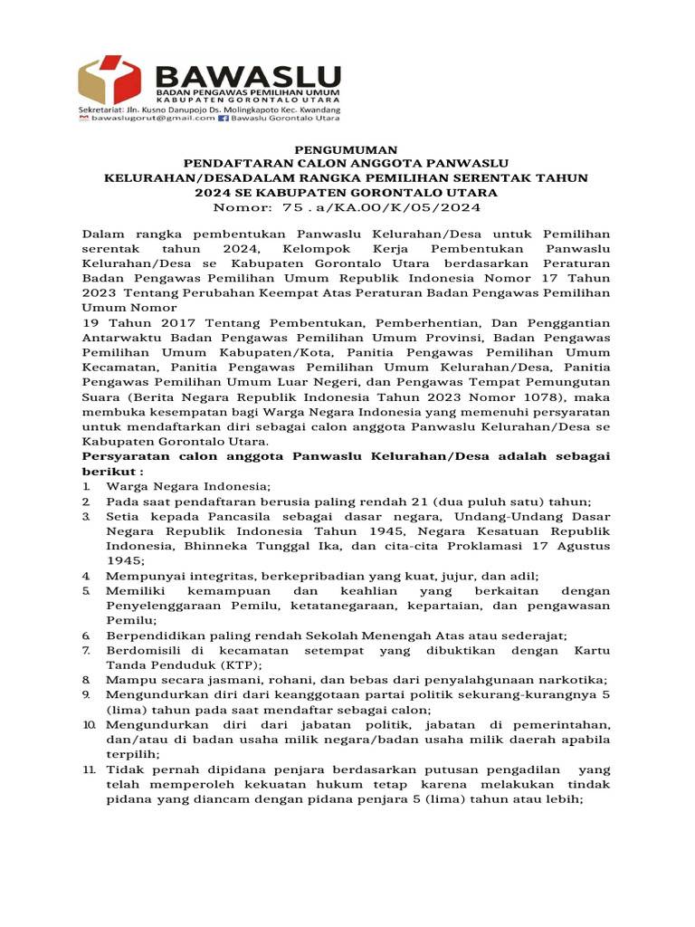 Pengumuman-Pendaftaran-Calon-Anggota-PKD-Pemilihan-Serentak-2024 | PDF