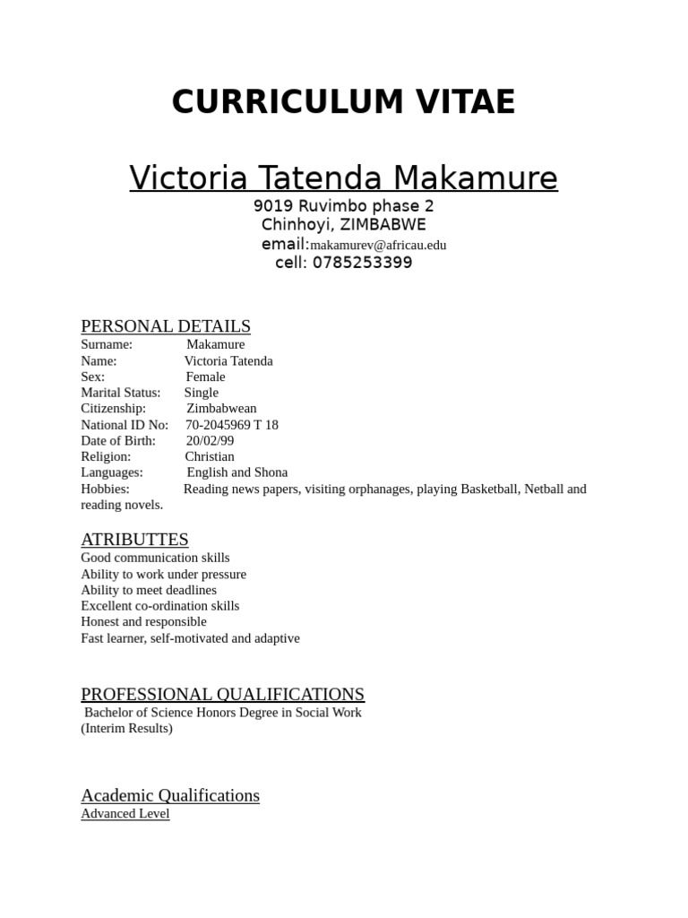 Zimbabwean CV of Victoria Makamure | PDF