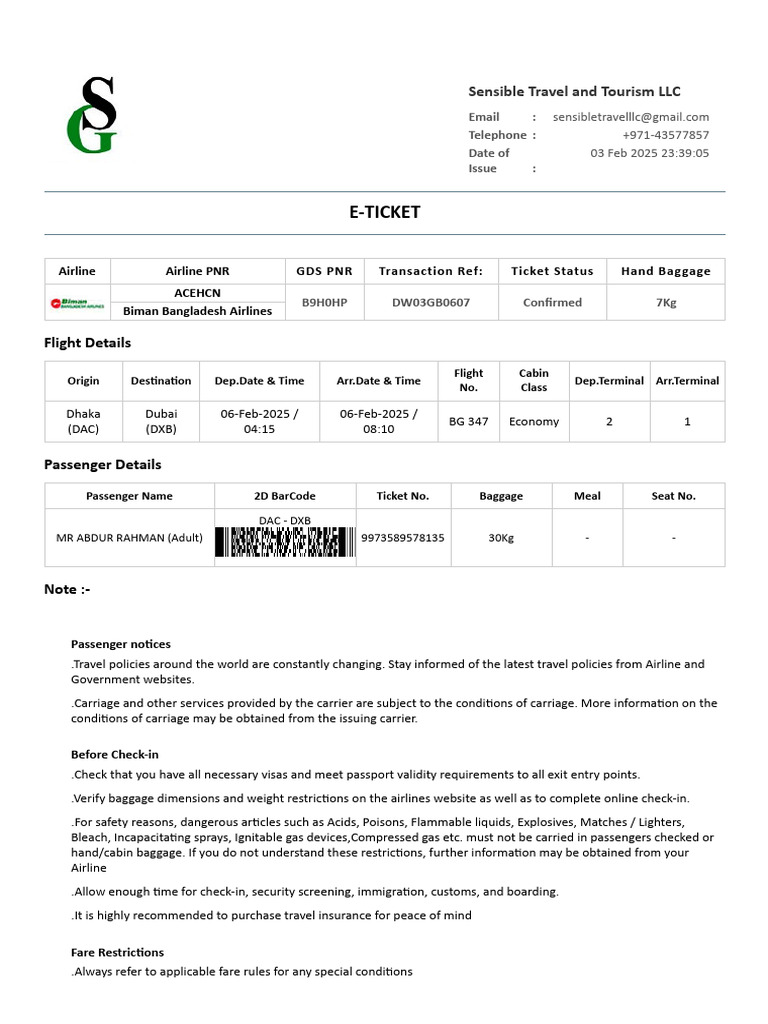 BG 347 Flight Confirmation Details | PDF | Airlines | Travel Visa