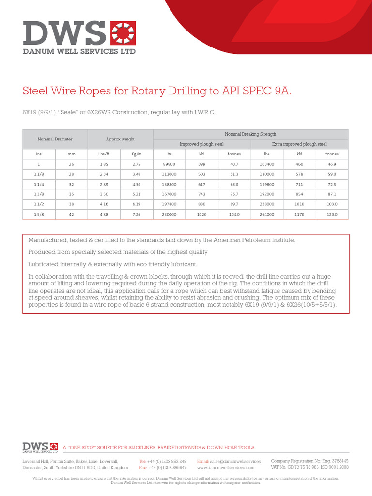 Dws Info Sheet Steel Wire Ropes For Rotary Drilling To Api Spec 9a ...