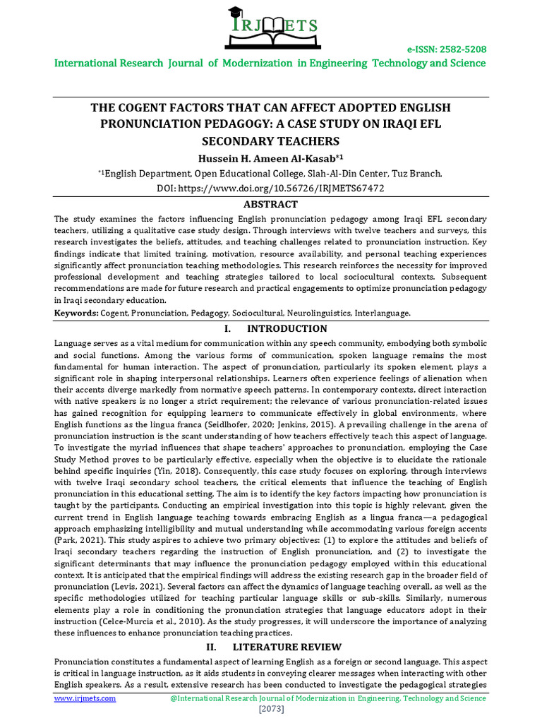 The Cogent Factors That Can Affect Adopted English Pronunciation Pedagogy: A Case Study On Iraqi ...
