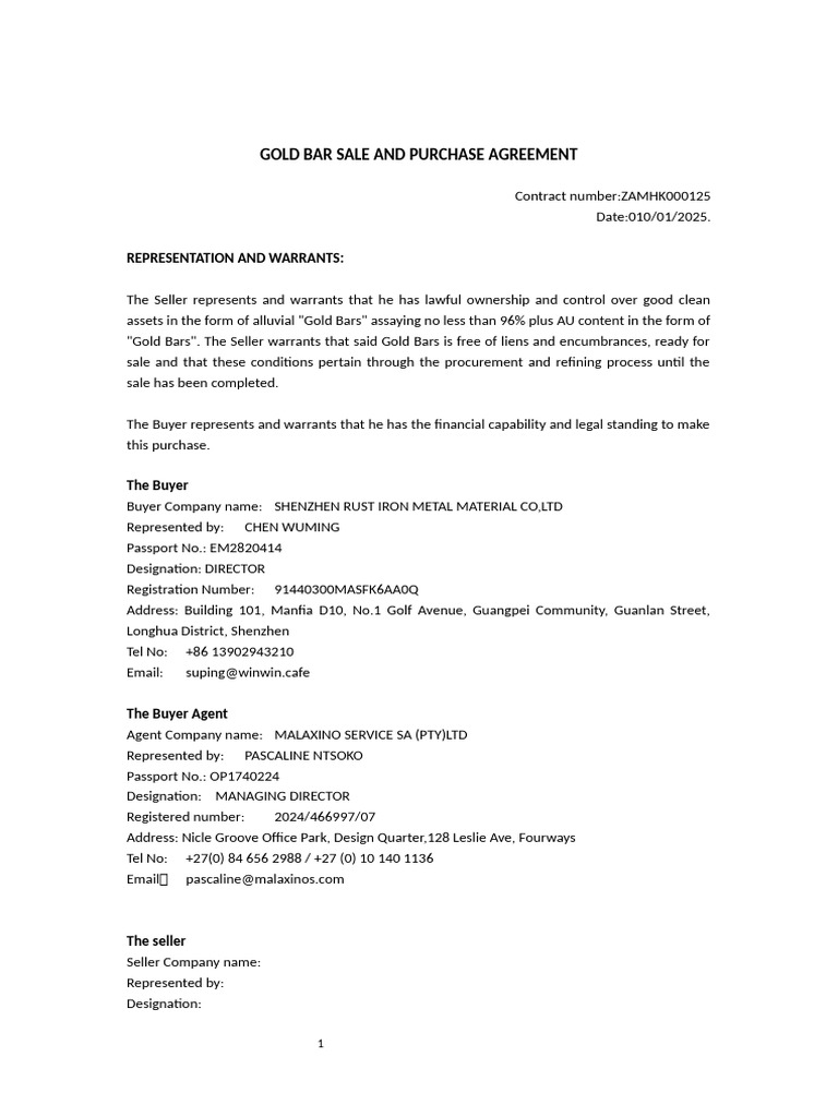 【Final】Gold Bar Sale and Purchase Agreement-updated on 10-01-25 (4) 1111) | PDF | Payments | Receipt