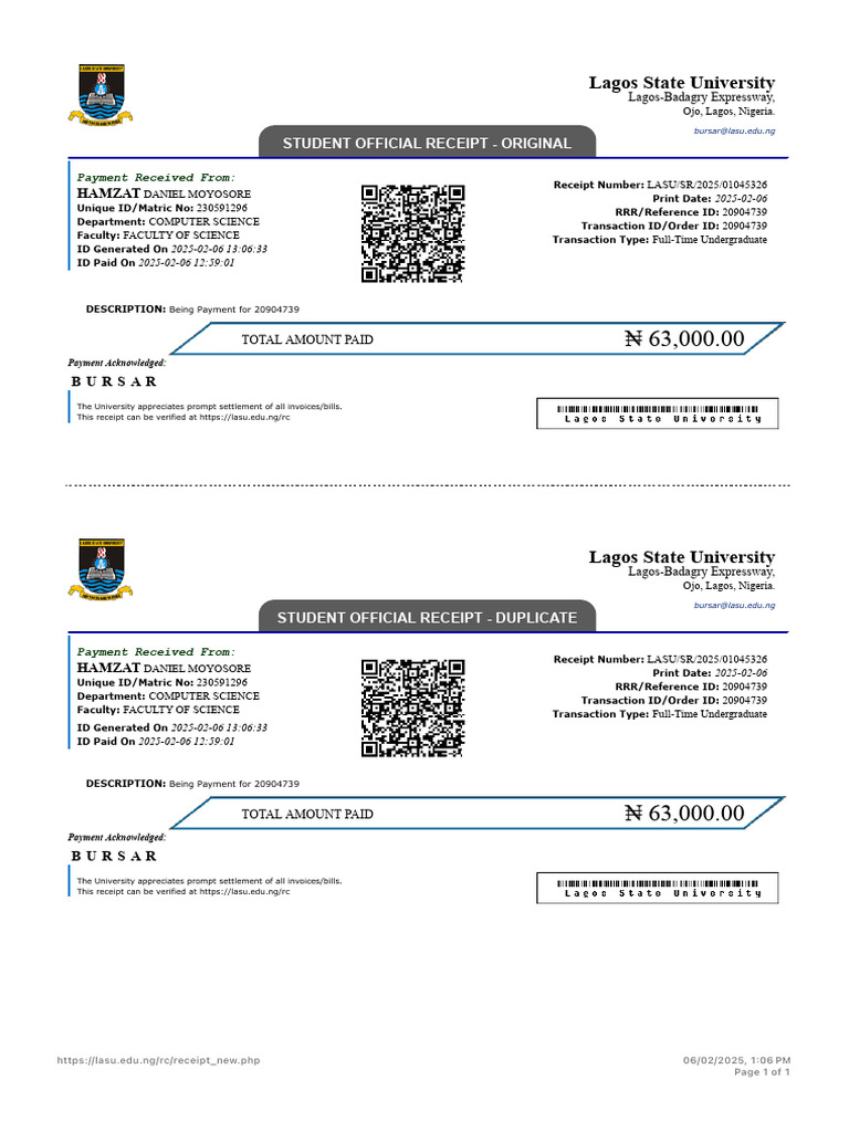 LASU Computer Science Fee Receipt | PDF | Receipt | Payments