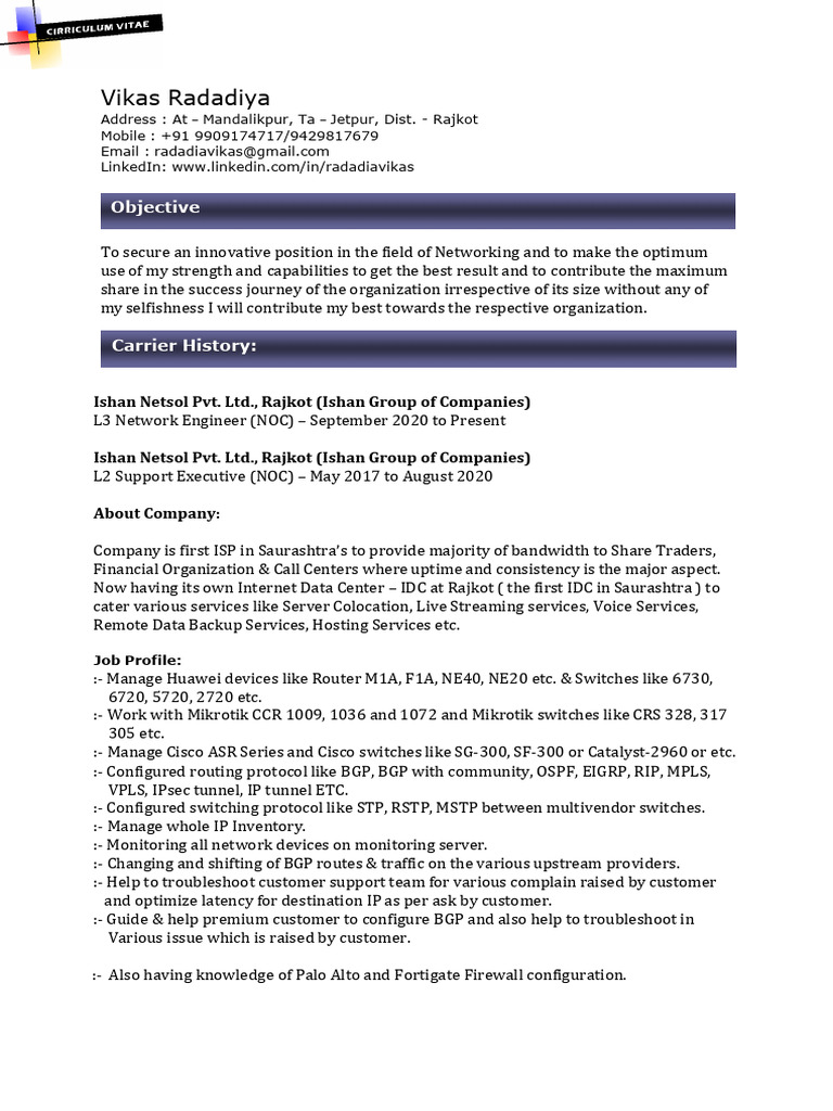 Vikas Resume | PDF | Computer Network | Routing