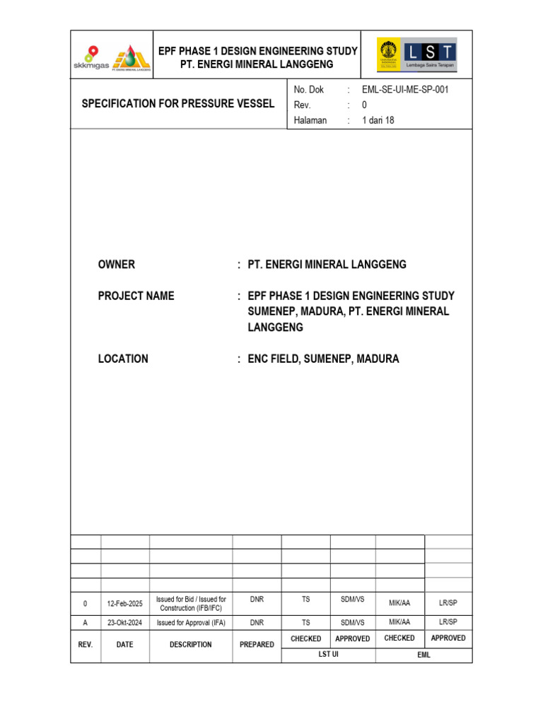 EML-SE-UI-ME-SP-001 - Spec For Pressure Vessel - R0 | PDF | Pipe (Fluid Conveyance) | Mechanical ...