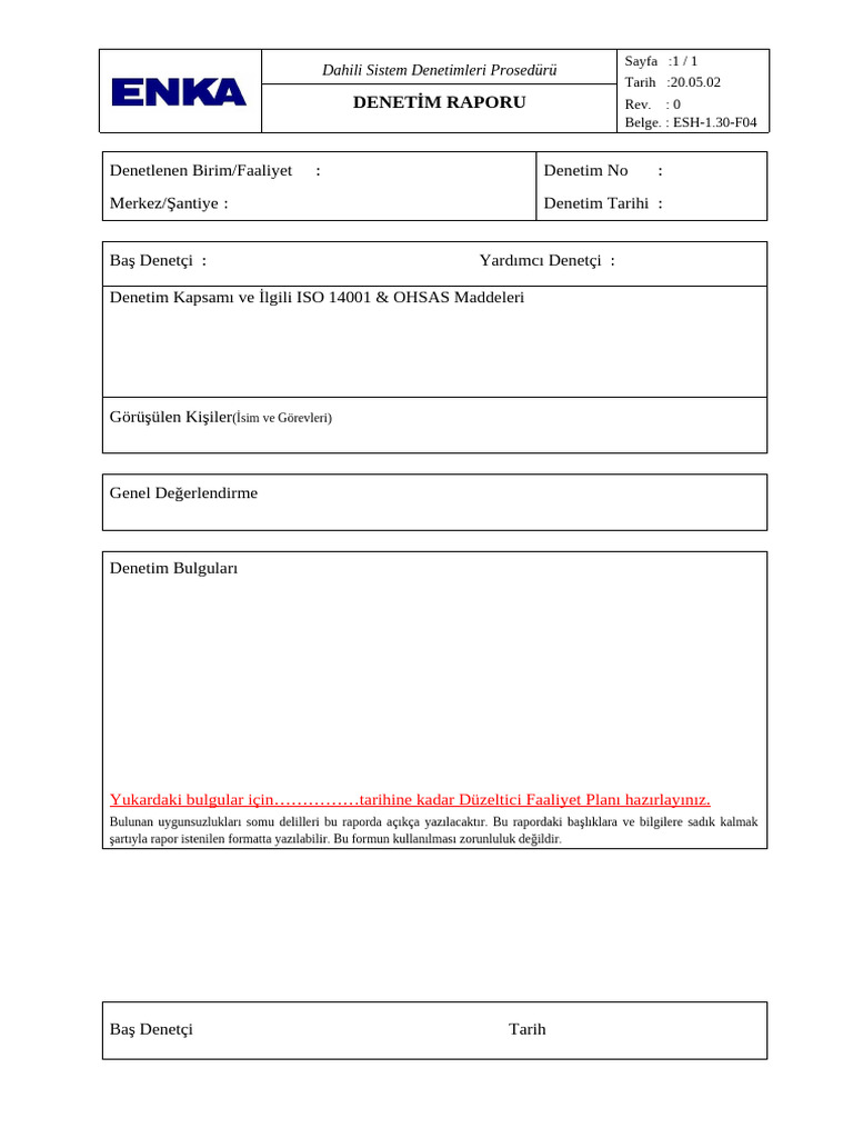 ESH-1.30-F04 Denetim Raporu-Rev.0 | PDF