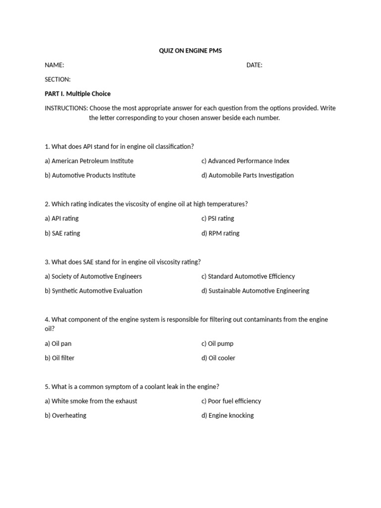 QUIZ ON ENGINE PMS | PDF | Internal Combustion Engine | Motor Oil
