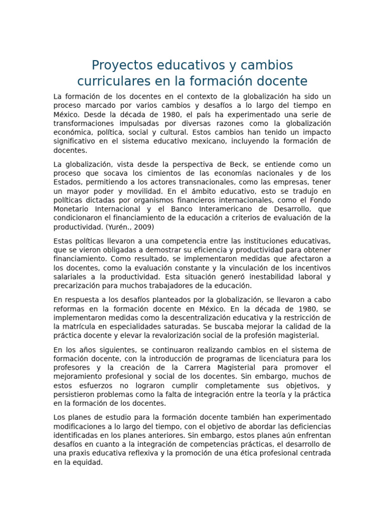Proyectos Educativos y Cambios Curriculares en La Formación Docente | PDF | Maestros | Globalización