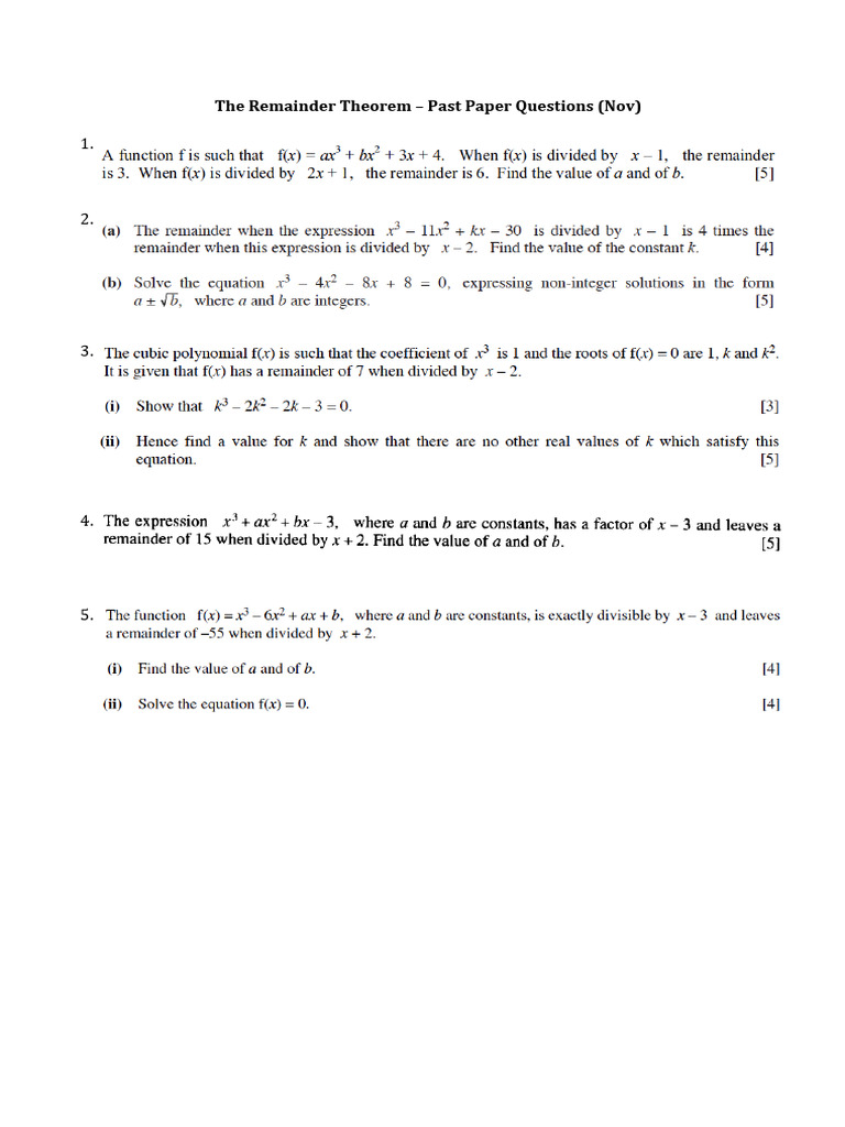 The_Remainder_Theorem_–_Past_Paper_Questions | PDF
