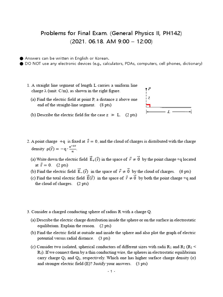 General Physics 2 Final exam (session 1) | PDF | Electric Field | Sphere
