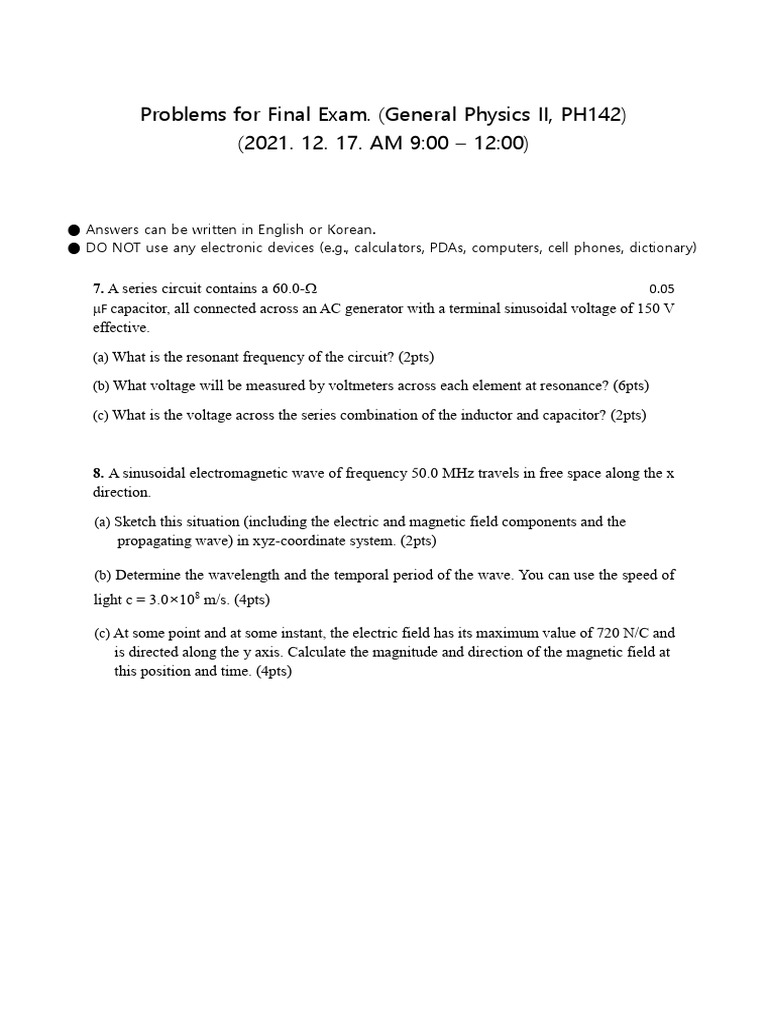 General Physics II Final Exam Problems | PDF | Voltage | Interferometry