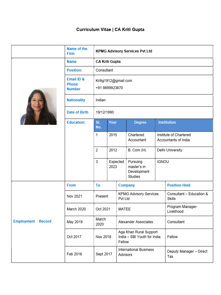 CA Kriti Gupta: KPMG Consultant CV | PDF | Business