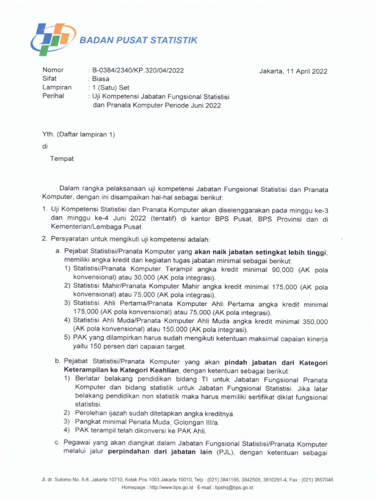 Surat Edaran BPS No. B 0384 - 2340KP.32004 - 2022 Tentang Kompetensi Jabatan Fungsional ...