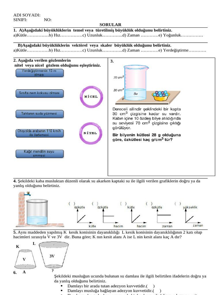 Fi̇zi̇k 9.sinif 1.dönem 2. Yazili | PDF