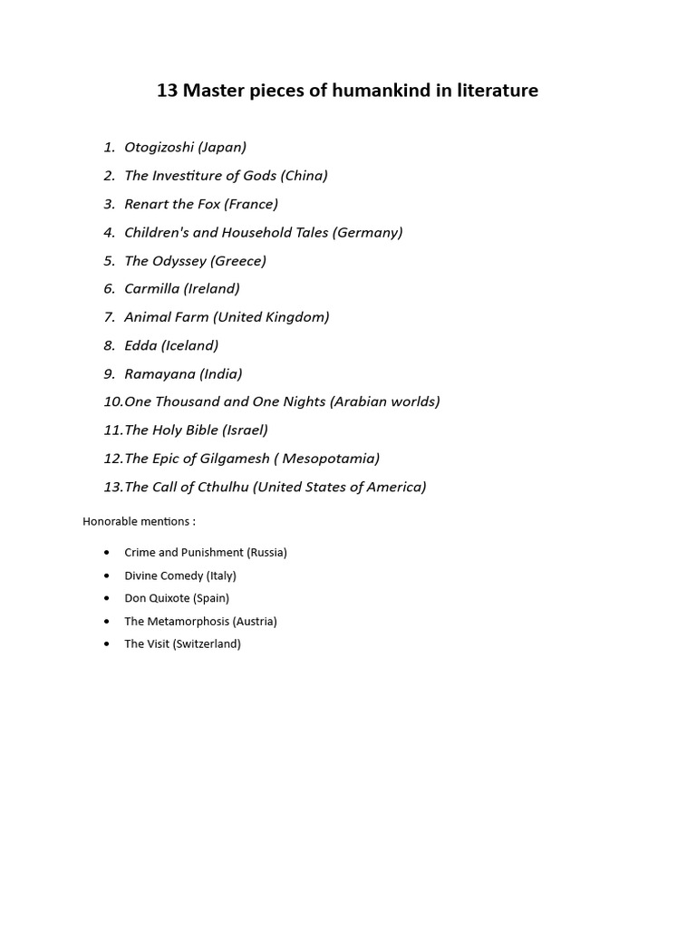 13 Master Pieces of Humankind in Literature | PDF