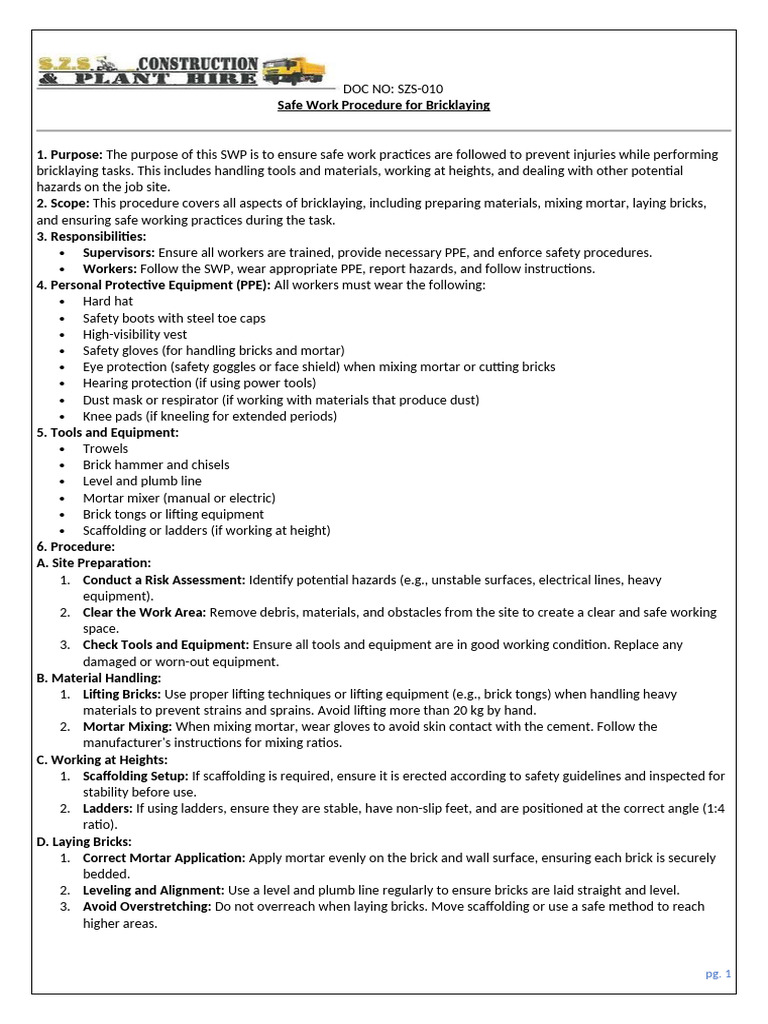 SWP - bricklaying | PDF | Personal Protective Equipment | Working ...