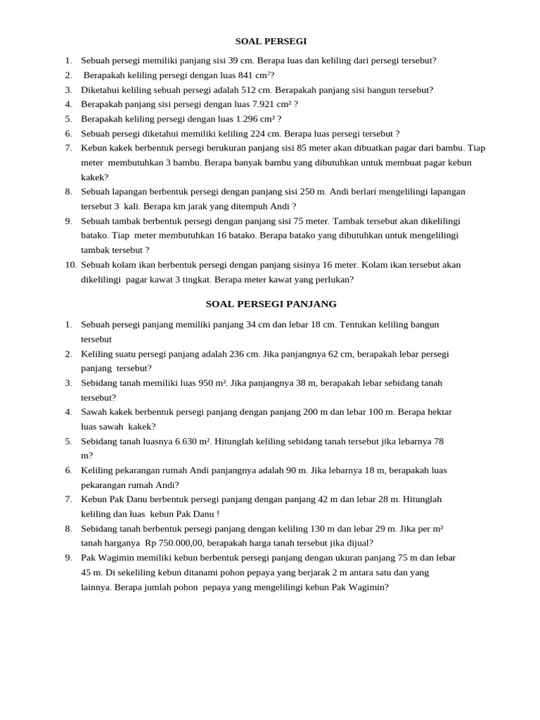 Soal Luas Dan Keliling Persegi | PDF