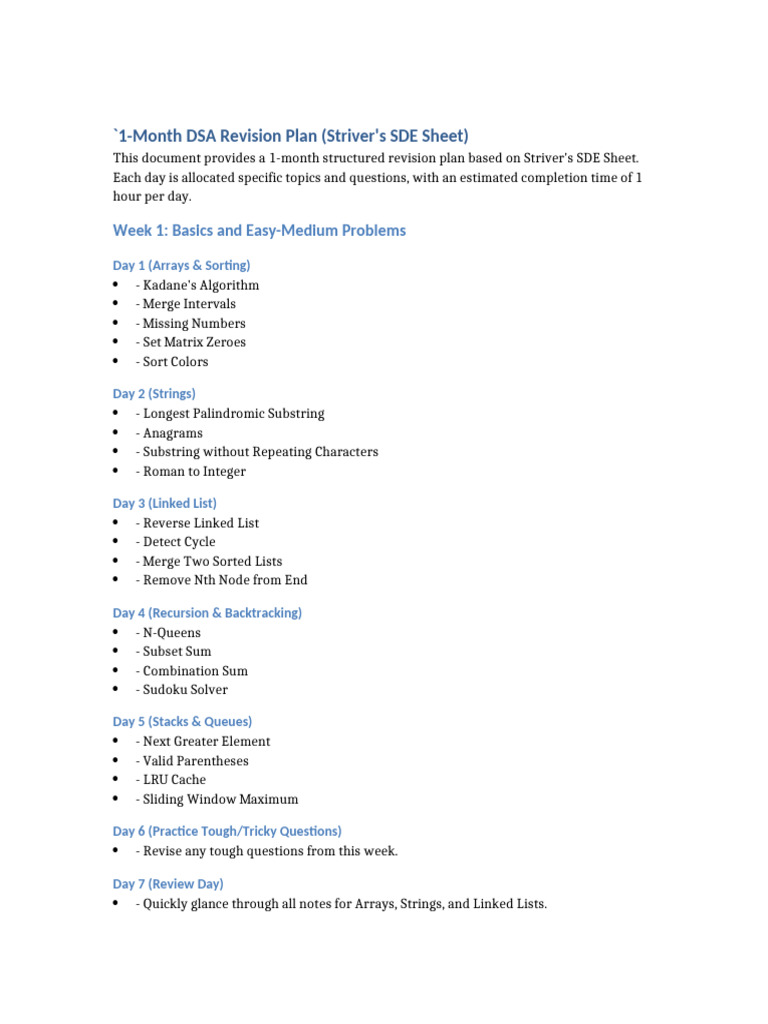 1 Month Revision Plan SDE Sheet | PDF | Dynamic Programming | Combinatorics