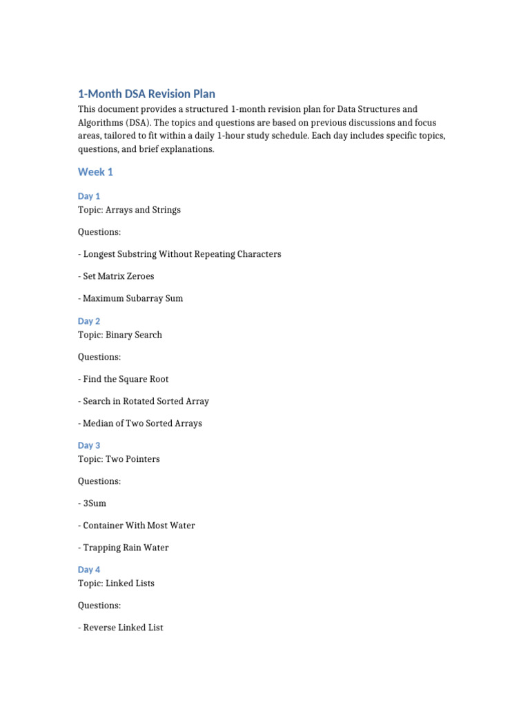 DSA 1month Revision Plan | PDF | Theoretical Computer Science | Algorithms And Data Structures