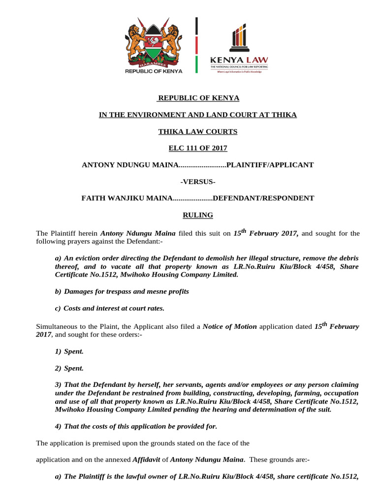 Antony Ndungu Maina V Faith Wanjiku Maina 2017 EKLR | PDF | Lawsuit | Justice