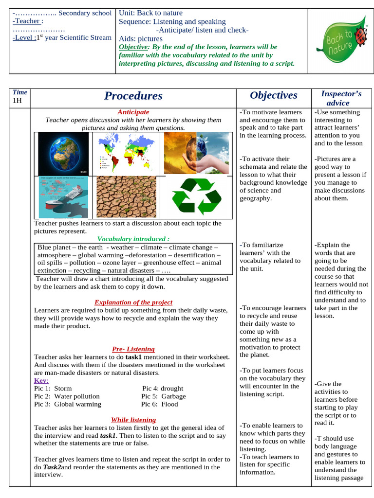 Back To Nature Introduction Lesson PLN | PDF | Climate Change | Nature