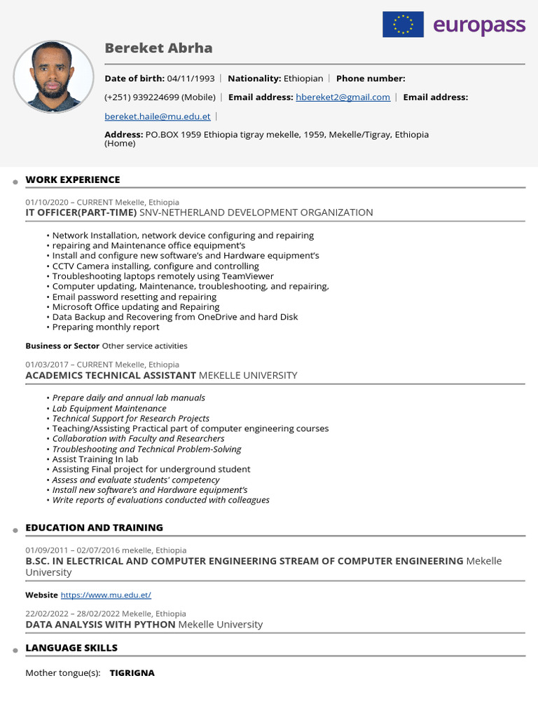 europass bereket abrha | PDF | Ethiopia | Computing
