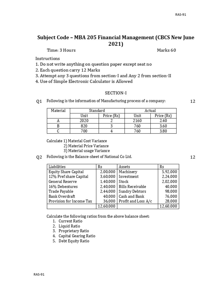 MBA Financial Management Exam Guide | PDF | Balance Sheet | Accounting