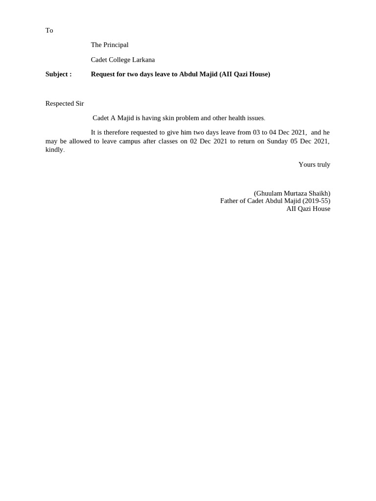 Son Pappan Two Days Leave Appli | PDF