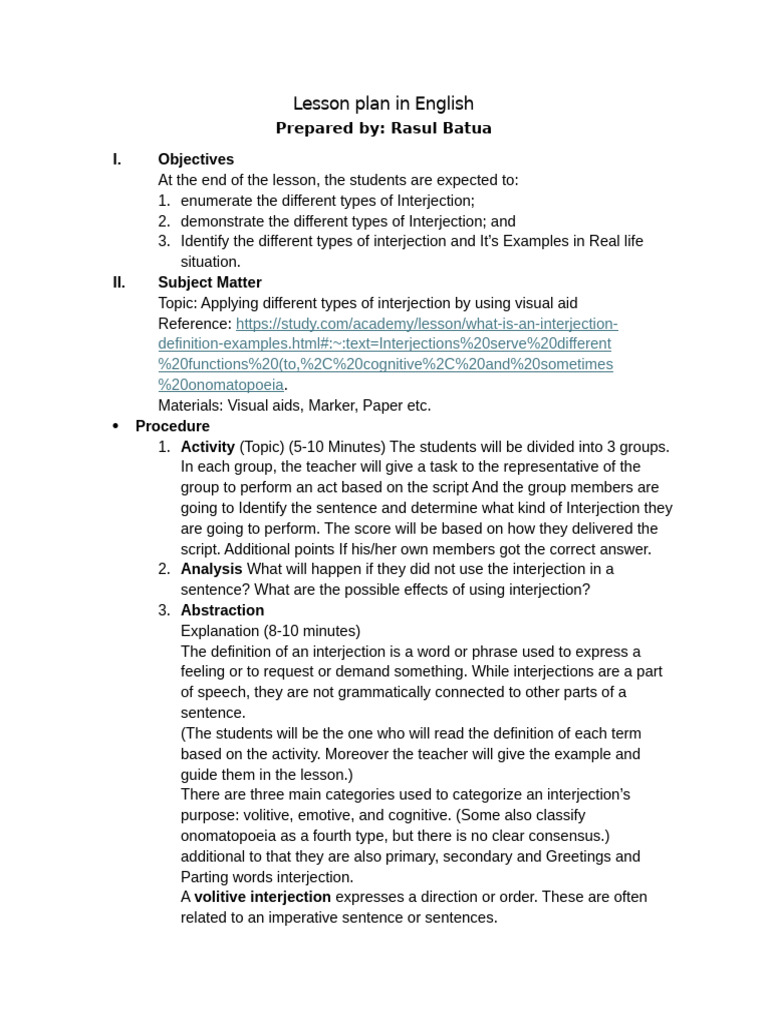 Lesson plan in English Interjection (Redo) | PDF | Word | Linguistics