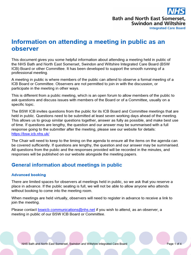 BSW ICB Guidance For Observers of Meetings in Public | PDF