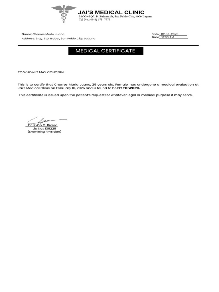 Medical Certificate from Jai's Clinic | PDF