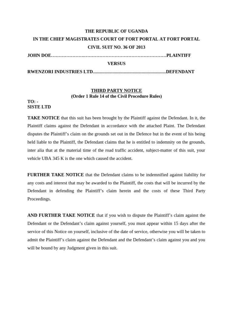 Uganda Civil Suit Third Party Notice | PDF